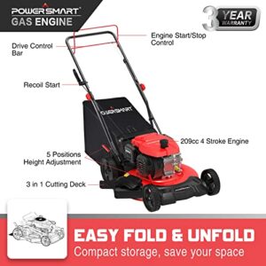 PowerSmart Gas Powered Push Lawn Mower 21 Inch 209 CC Engine, 3 in 1 Bag, Side Discharge, and Mulching Capabilities, DB2321PH Red