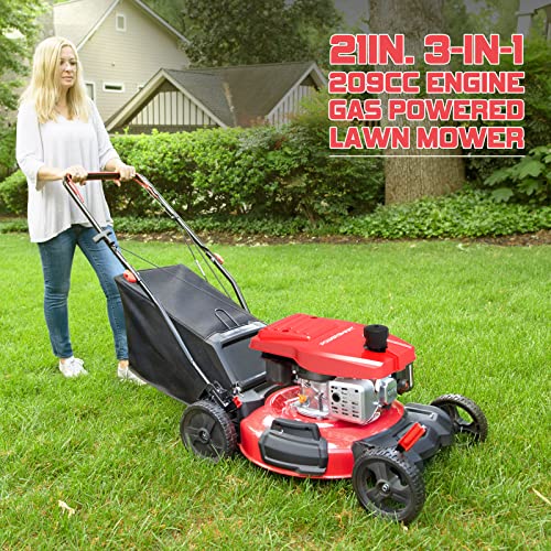 PowerSmart Gas Powered Push Lawn Mower 21 Inch 209 CC Engine, 3 in 1 Bag, Side Discharge, and Mulching Capabilities, DB2321PH Red