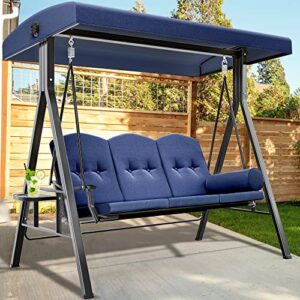 yitahome 3-seat deluxe outdoor porch swing large patio swing chair with weather resistant steel frame, adjustable tilt canopy, removable cushions & pillow suitable for garden, poolside, balcony(navy)