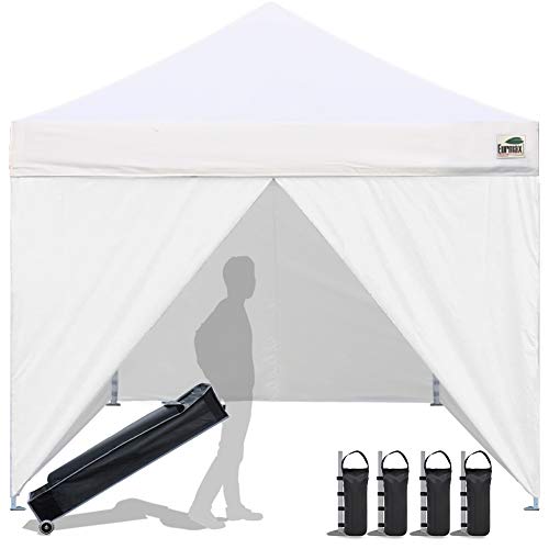 Eurmax 10 x 10 Pop up Canopy Commercial Tent Outdoor Instant Canopies Party Shelter with 4 Zippered Sidewalls and Roller Bag Bonus Canopy Sand Bags(White)