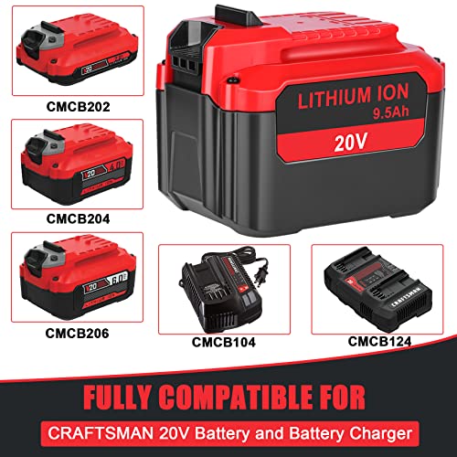 JYJZPB 9.5Ah 20V Replacement Battery for V20 Craftsman 20V Battery MAX CMCB204 CMCB205 CMCB206 CMCB202 CMCB201 Compatible for Craftsman V20 Series Lithium Ion Battery Cordless Power Tools