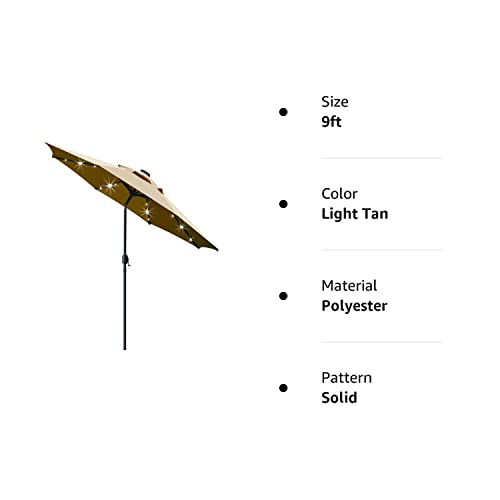 Sunnyglade 9' Solar LED Lighted Patio Umbrella with 8 Ribs/Tilt Adjustment and Crank Lift System (Light Tan)