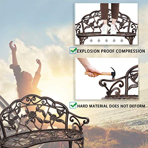 Dkeli Garden Bench Outdoor Bench Park Benches for Outdoors Metal Aluminum Porch Chair Seat Furniture Perfect for Patio Park Yard Deck Entryway, Floral Rose Accented Bronze