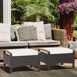 RELAX4LIFE Outdoor Wicker Ottomans for Patio - 2 Pieces PE Rattan Ottoman, Footrest Seat with Zippered Cushions, Acacia Wood Handles, 3-in-1 Footstool, Side Table for Poolside, Backyard (Off White)