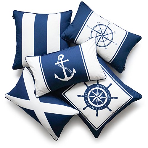 Hofdeco Nautical Indoor Outdoor Pillow Cover ONLY, Water Resistant for Patio Lounge Sofa, Navy Blue Wheel Flag Anchor Compass Stripes, 18"x18" 12"x20", Set of 5