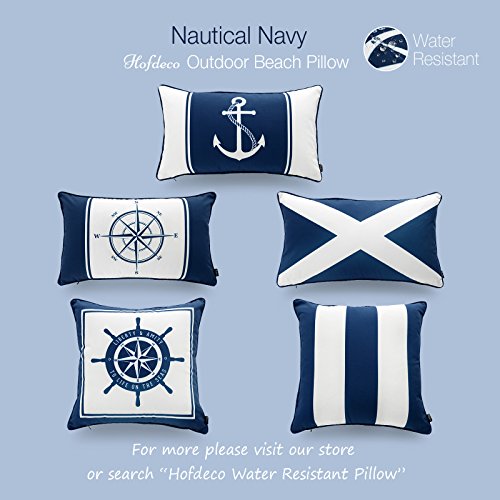 Hofdeco Nautical Indoor Outdoor Pillow Cover ONLY, Water Resistant for Patio Lounge Sofa, Navy Blue Wheel Flag Anchor Compass Stripes, 18"x18" 12"x20", Set of 5