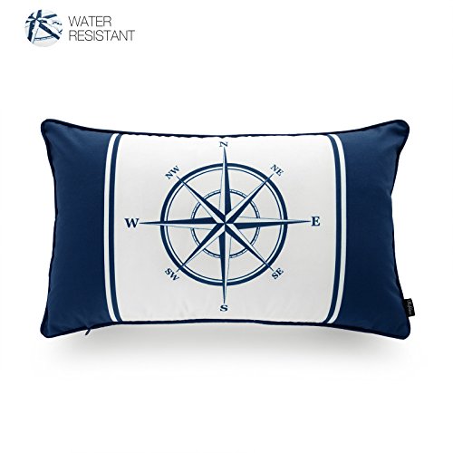 Hofdeco Nautical Indoor Outdoor Pillow Cover ONLY, Water Resistant for Patio Lounge Sofa, Navy Blue Wheel Flag Anchor Compass Stripes, 18"x18" 12"x20", Set of 5