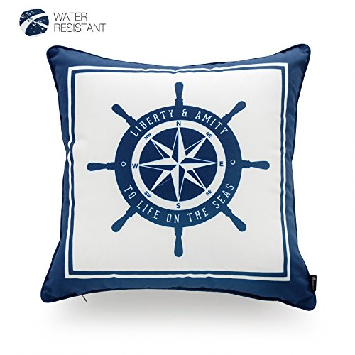 Hofdeco Nautical Indoor Outdoor Pillow Cover ONLY, Water Resistant for Patio Lounge Sofa, Navy Blue Wheel Flag Anchor Compass Stripes, 18"x18" 12"x20", Set of 5