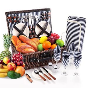 hybdamai willow picnic basket set for 4 persons with waterproof picnic blanket, wicker picnic basket for camping, outdoors, valentine’s day, christmas, thanksgiving, birthday