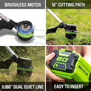 Greenworks 80V 16 inch Brushless String Trimmer, 2.0Ah Battery & Rapid Charger Included, ST80L210