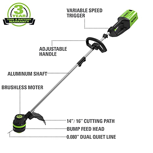 Greenworks 80V 16 inch Brushless String Trimmer, 2.0Ah Battery & Rapid Charger Included, ST80L210