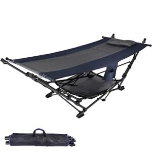 lineslife portable hammock with stand, collapsible foldable hammock includes removable pillow, storage net, side pocket with cup holder for camping beach patio travel