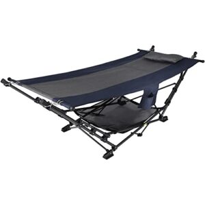 Lineslife Portable Hammock with Stand, Collapsible Foldable Hammock Includes Removable Pillow, Storage Net, Side Pocket with Cup Holder for Camping Beach Patio Travel