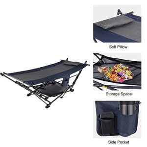 Lineslife Portable Hammock with Stand, Collapsible Foldable Hammock Includes Removable Pillow, Storage Net, Side Pocket with Cup Holder for Camping Beach Patio Travel