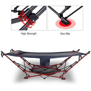 Lineslife Portable Hammock with Stand, Collapsible Foldable Hammock Includes Removable Pillow, Storage Net, Side Pocket with Cup Holder for Camping Beach Patio Travel