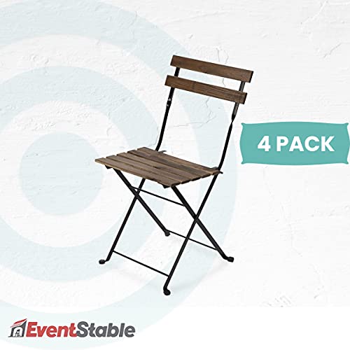 French Bistro Folding Chair - Wooden Patio Chair - Commercial-Grade Foldable Chair - Sturdy Black Steel Frame Outdoor Chair - Armless Folding Lawn Chair for Garden Backyard Porch - 4 Pack