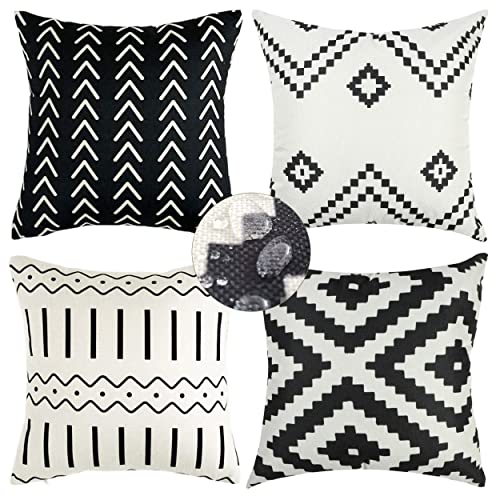 famibay Boho Outdoor Pillow Covers 18x18 Waterproof Black Beige Patio Throw Pillow Covers Outside Pillow Covers Decorative Square Burlap Cushion Cases Pillow Covers for Patio Garden Porch(Set of 4)