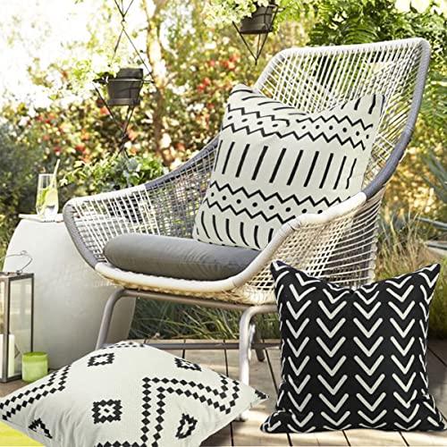 famibay Boho Outdoor Pillow Covers 18x18 Waterproof Black Beige Patio Throw Pillow Covers Outside Pillow Covers Decorative Square Burlap Cushion Cases Pillow Covers for Patio Garden Porch(Set of 4)