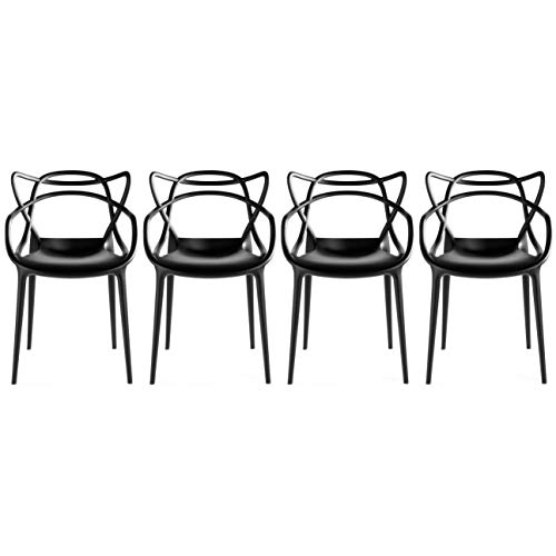 2xhome Set of 4 Black Stackable Contemporary Modern Designer Plastic Chairs with Arms Open Back Armchairs for Kitchen Dining Chair Outdoor Patio Bedroom Accent Patio Balcony Office Work Garden Home