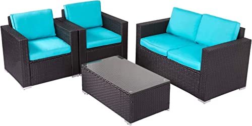 Zurssar 4 Piece Outdoor Patio Furniture Sets PE Rattan Wicker Sectional Sofa Couch Patio Conversation Set with Glass Coffee Table for Backyard Garden Poolside