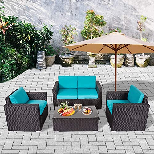 Zurssar 4 Piece Outdoor Patio Furniture Sets PE Rattan Wicker Sectional Sofa Couch Patio Conversation Set with Glass Coffee Table for Backyard Garden Poolside