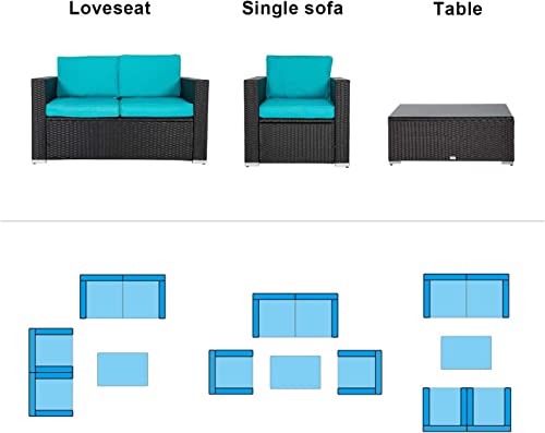 Zurssar 4 Piece Outdoor Patio Furniture Sets PE Rattan Wicker Sectional Sofa Couch Patio Conversation Set with Glass Coffee Table for Backyard Garden Poolside