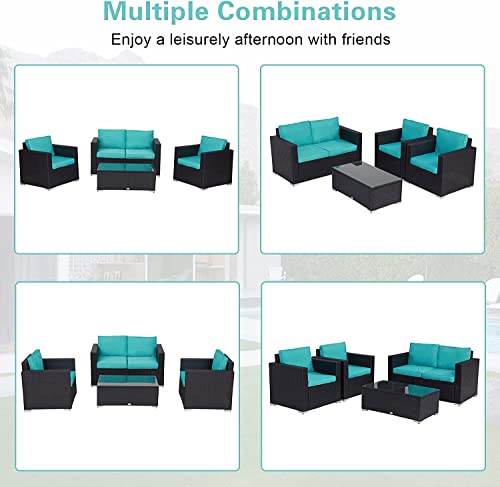 Zurssar 4 Piece Outdoor Patio Furniture Sets PE Rattan Wicker Sectional Sofa Couch Patio Conversation Set with Glass Coffee Table for Backyard Garden Poolside