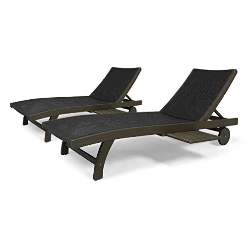 Great Deal Furniture Kimberley Outdoor Wicker and Wood Chaise Lounge with Pull-Out Tray, Set of 2, Gray