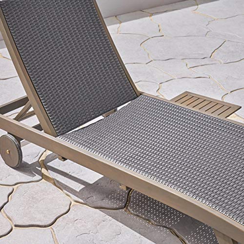 Great Deal Furniture Kimberley Outdoor Wicker and Wood Chaise Lounge with Pull-Out Tray, Set of 2, Gray