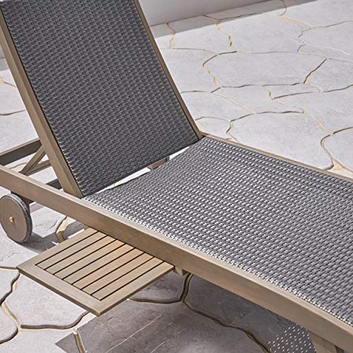 Great Deal Furniture Kimberley Outdoor Wicker and Wood Chaise Lounge with Pull-Out Tray, Set of 2, Gray