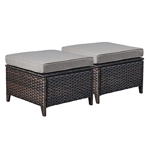 Rilyson Outdoor Ottoman Wicker Patio Ottomans - 2 Piece Footrest Footstools Set Rattan Outdoor Ottomans for Patio with Thick Cushions(Brown/Grey)