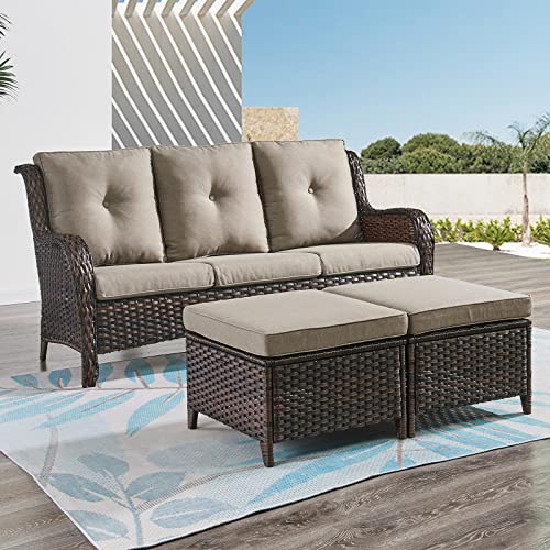 Rilyson Outdoor Ottoman Wicker Patio Ottomans - 2 Piece Footrest Footstools Set Rattan Outdoor Ottomans for Patio with Thick Cushions(Brown/Grey)