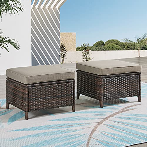 Rilyson Outdoor Ottoman Wicker Patio Ottomans - 2 Piece Footrest Footstools Set Rattan Outdoor Ottomans for Patio with Thick Cushions(Brown/Grey)