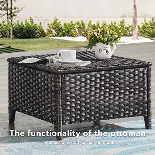 Rilyson Outdoor Ottoman Wicker Patio Ottomans - 2 Piece Footrest Footstools Set Rattan Outdoor Ottomans for Patio with Thick Cushions(Brown/Grey)