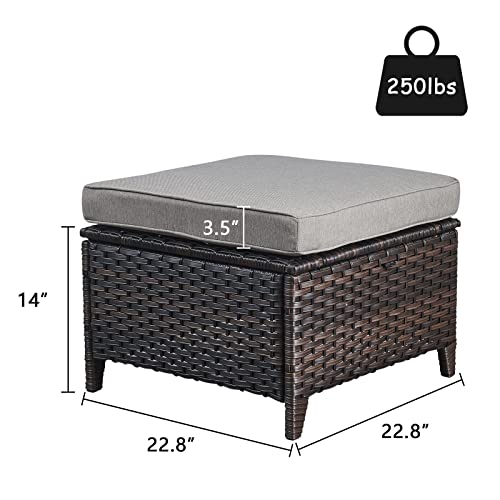 Rilyson Outdoor Ottoman Wicker Patio Ottomans - 2 Piece Footrest Footstools Set Rattan Outdoor Ottomans for Patio with Thick Cushions(Brown/Grey)