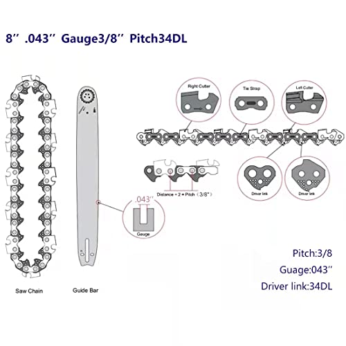 Abroman 2 Pack 8 inch Chainsaw Chain 3/8" LP Pitch - .043" Gauge - 34 Drive Links Replacement Chain for Black & Decker LPP120, LPP120B Poulan Remington Ryobi RY43160 WORX WG310 Pole Saw