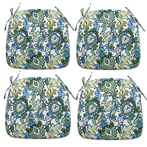 MAGPIE FABRICS Outdoor/Indoor Chair Cushions with Ties, Waterproof All Weather Patio Seat Pads for Patio Furniture Home Office Garden Decoration 17"x16"x2" (Botanical Blue Green, Set of 4)