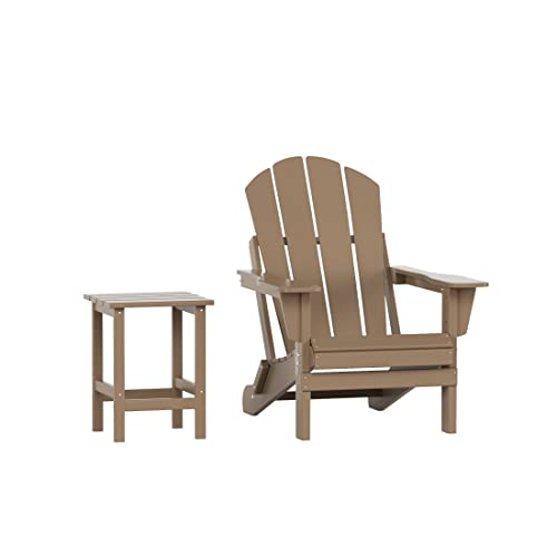 WO Home Furniture Adirondack Chair Table Set of 2 PCS Outdoor Folding Patio Chair w Side End Table for Lawn Balcony Bon Fire (Weathered Wood)