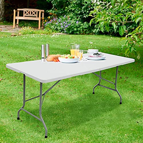 CozyBox Folding Table Indoor Outdoor Heavy Duty Portable Folding Plastic Dining Table w/Handle, Lock for Picnic, Party, Camping - White (4ft, 6ft, 8ft) (6ft)