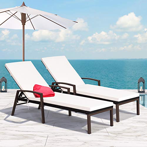 Tangkula Patio Rattan Lounge Chair, Outdoor Reclining Chaise Lounge with Cushion and Armrest, Wicker Sun Lounger with Adjustable Backrest for Garden, Balcony, Poolside (1, Beige)