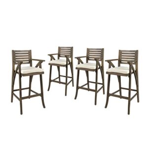 hermosa outdoor acacia wood barstool (set of 4), grey with cream cushion