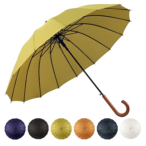 SoulRain 16 Ribs 48" Stick Umbrella Auto Open Solid Color Fashionable and Simple，Arc Classic Wood Handle，Windproof Unbreakable Stick Rain Umbrella (Matcha Green)