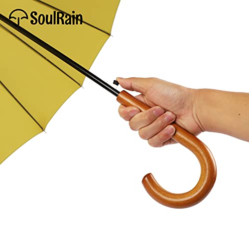 SoulRain 16 Ribs 48" Stick Umbrella Auto Open Solid Color Fashionable and Simple，Arc Classic Wood Handle，Windproof Unbreakable Stick Rain Umbrella (Matcha Green)