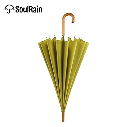 SoulRain 16 Ribs 48" Stick Umbrella Auto Open Solid Color Fashionable and Simple，Arc Classic Wood Handle，Windproof Unbreakable Stick Rain Umbrella (Matcha Green)