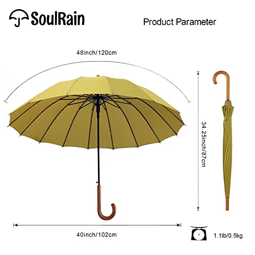 SoulRain 16 Ribs 48" Stick Umbrella Auto Open Solid Color Fashionable and Simple，Arc Classic Wood Handle，Windproof Unbreakable Stick Rain Umbrella (Matcha Green)