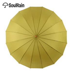 SoulRain 16 Ribs 48" Stick Umbrella Auto Open Solid Color Fashionable and Simple，Arc Classic Wood Handle，Windproof Unbreakable Stick Rain Umbrella (Matcha Green)