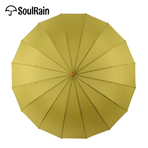 SoulRain 16 Ribs 48" Stick Umbrella Auto Open Solid Color Fashionable and Simple，Arc Classic Wood Handle，Windproof Unbreakable Stick Rain Umbrella (Matcha Green)