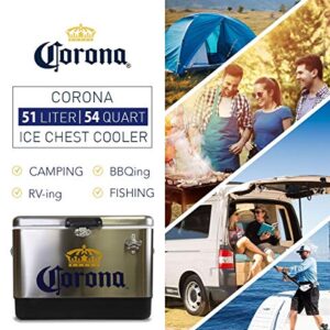 Corona Ice Chest Beverage Cooler with Bottle Opener, 51L (54 qt), 85 Can stainless steel Portable Cooler, Silver and Black, for Camping, Beach, RV, BBQs, Tailgating, Fishing