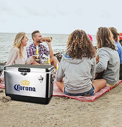 Corona Ice Chest Beverage Cooler with Bottle Opener, 51L (54 qt), 85 Can stainless steel Portable Cooler, Silver and Black, for Camping, Beach, RV, BBQs, Tailgating, Fishing