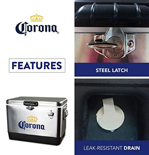 Corona Ice Chest Beverage Cooler with Bottle Opener, 51L (54 qt), 85 Can stainless steel Portable Cooler, Silver and Black, for Camping, Beach, RV, BBQs, Tailgating, Fishing